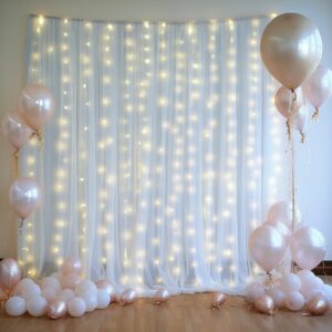 White Sheer Tulle Backdrop Curtains with Lights String for Party Wedding Wrinkle Free Curtain Backdrops Drapes for Baby Shower Birthday Party Photo Back Drop Background Home Decorations 10ft x 8ft