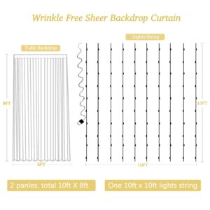 White Sheer Tulle Backdrop Curtains with Lights String for Party Wedding Wrinkle Free Curtain Backdrops Drapes for Baby Shower Birthday Party Photo Back Drop Background Home Decorations 10ft x 8ft