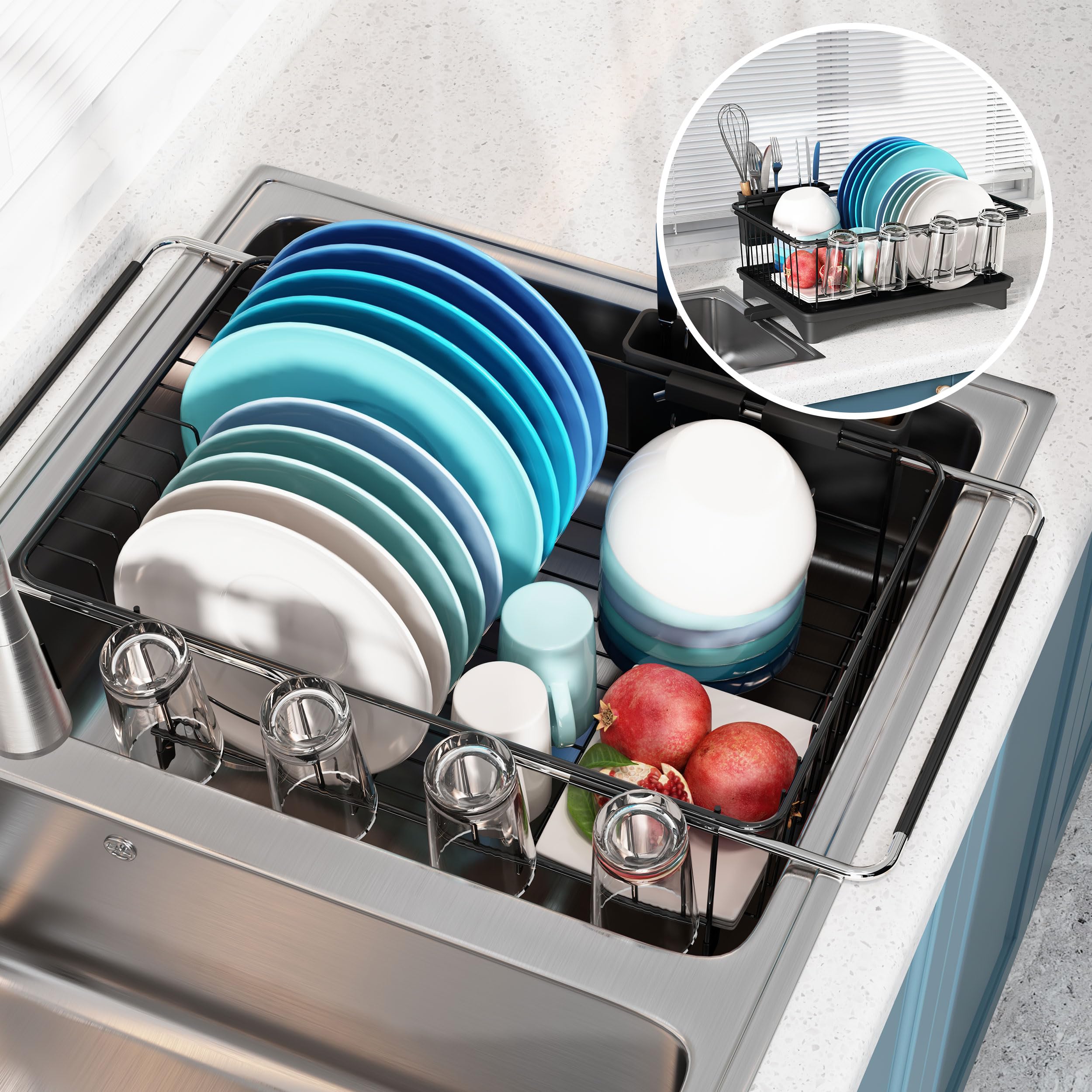 MAJALiS Dish Drying Rack in Sink - Dual-Use for Countertops & Sinks, Stainless Steel Dish Drainers for Kitchen Counter, Over The Sink Dish Racks with a Draindboard & Utensil & Cup Holder, Black