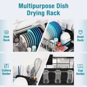 MAJALiS Dish Drying Rack in Sink - Dual-Use for Countertops & Sinks, Stainless Steel Dish Drainers for Kitchen Counter, Over The Sink Dish Racks with a Draindboard & Utensil & Cup Holder, Black