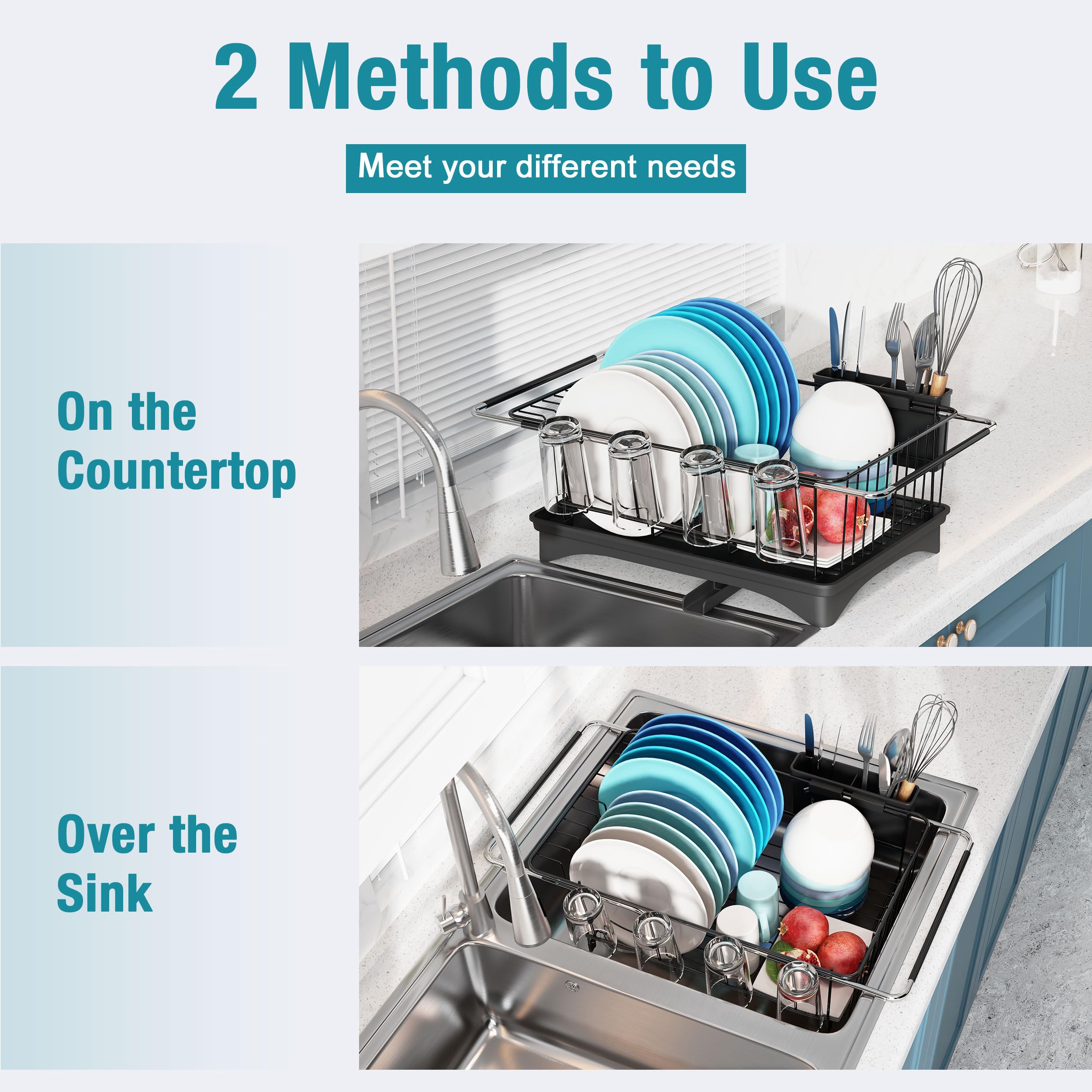 MAJALiS Dish Drying Rack in Sink - Dual-Use for Countertops & Sinks, Stainless Steel Dish Drainers for Kitchen Counter, Over The Sink Dish Racks with a Draindboard & Utensil & Cup Holder, Black