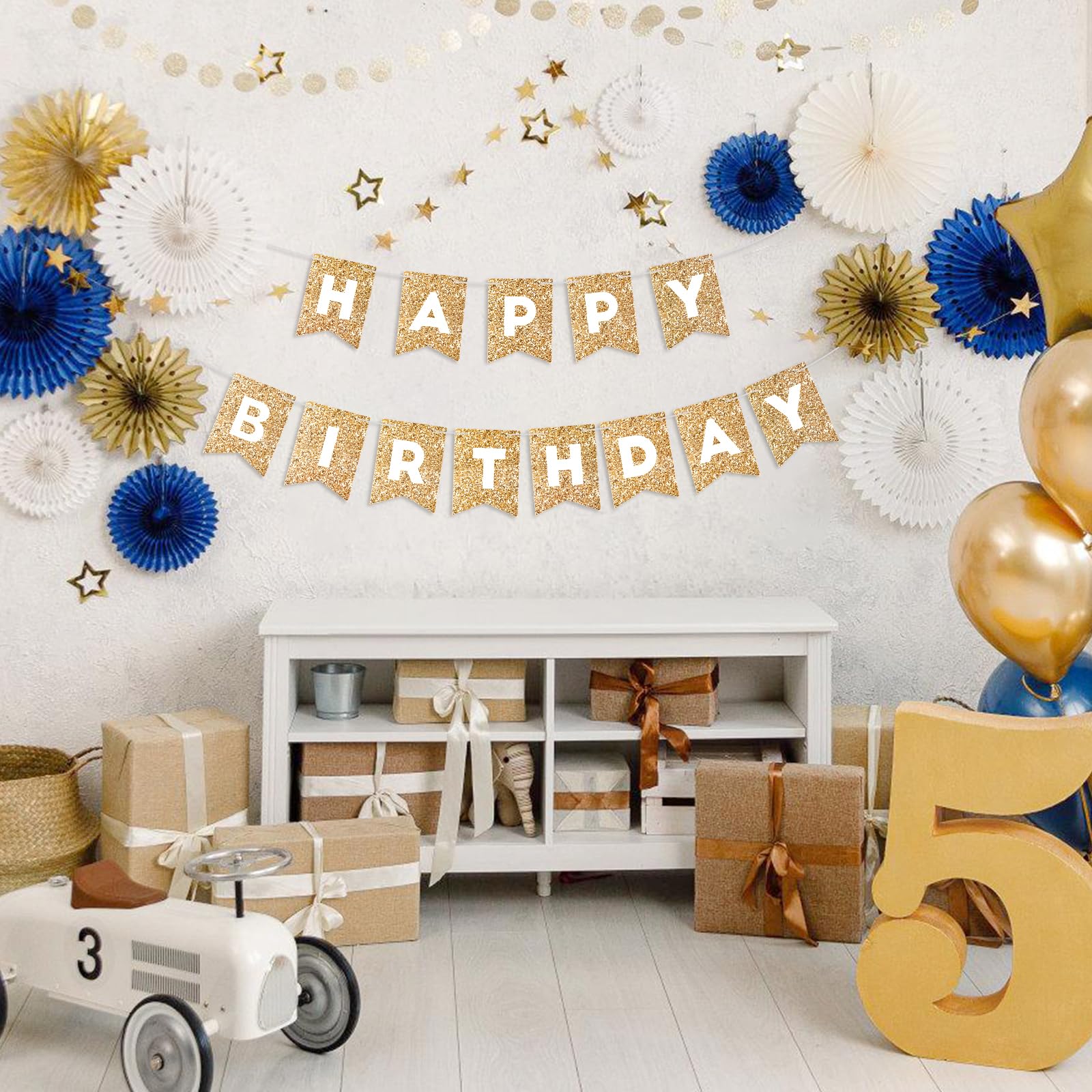 Gold Happy Birthday Banner Birthday Sign for Backdrop Gold Happy Birthday Decorations Garland Bunting Banner for Women Men Birthday Party Supplies Wall Door Banner Flag