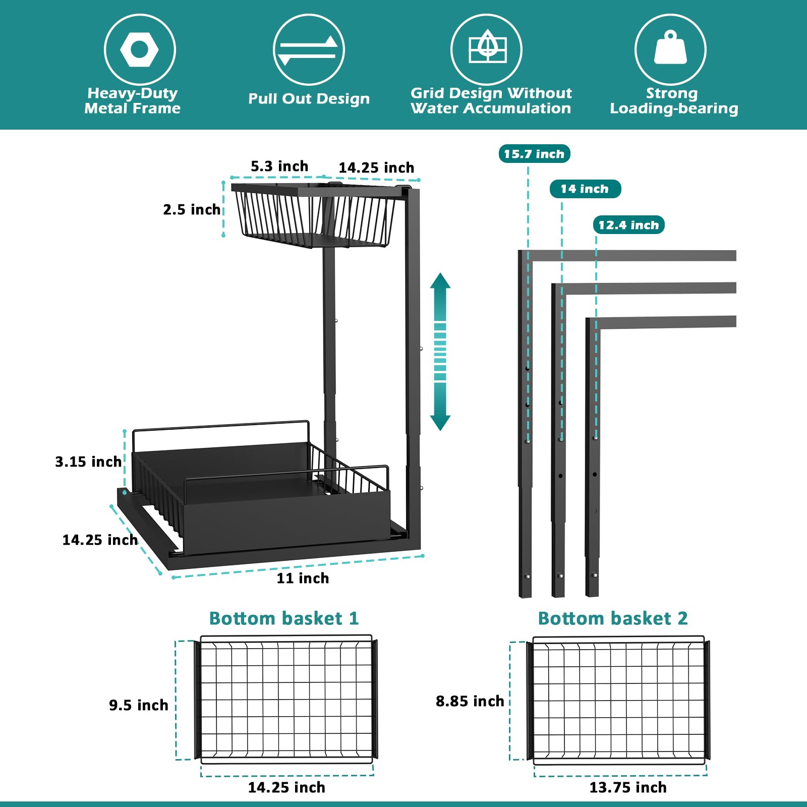 NADAMOO Kitchen Organizers and Storage 2 Pack Adjustable Height Under Sink Organizers and Storage with Removable Basket 2 Tier Bathroom Cabinet Organizer Pull Out Laundry Room Organization for Pantry