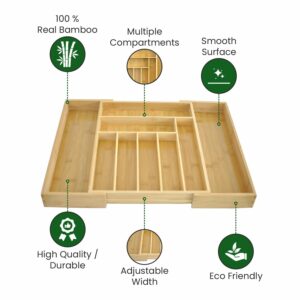 YKL Bamboo Expandable Drawer Organizer, Utensil Holder, Adjustable Cutlery Tray, Wood Drawer Dividers Organizer for Silverware, Flatware, Knives in Kitchen, Office Supplies, Bedroom, Living Room