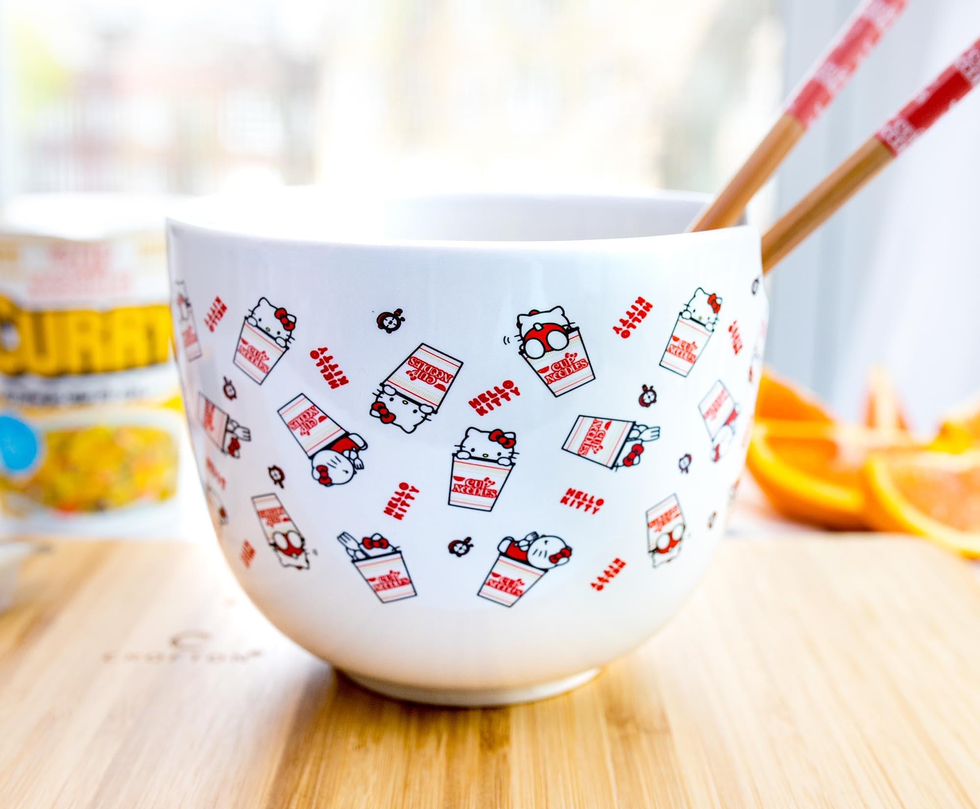 Toynk Sanrio Hello Kitty x Nissin Cup Noodles Ceramic Dinnerware Set | Includes 20-Ounce Ramen Noodle Bowl and Wooden Chopsticks