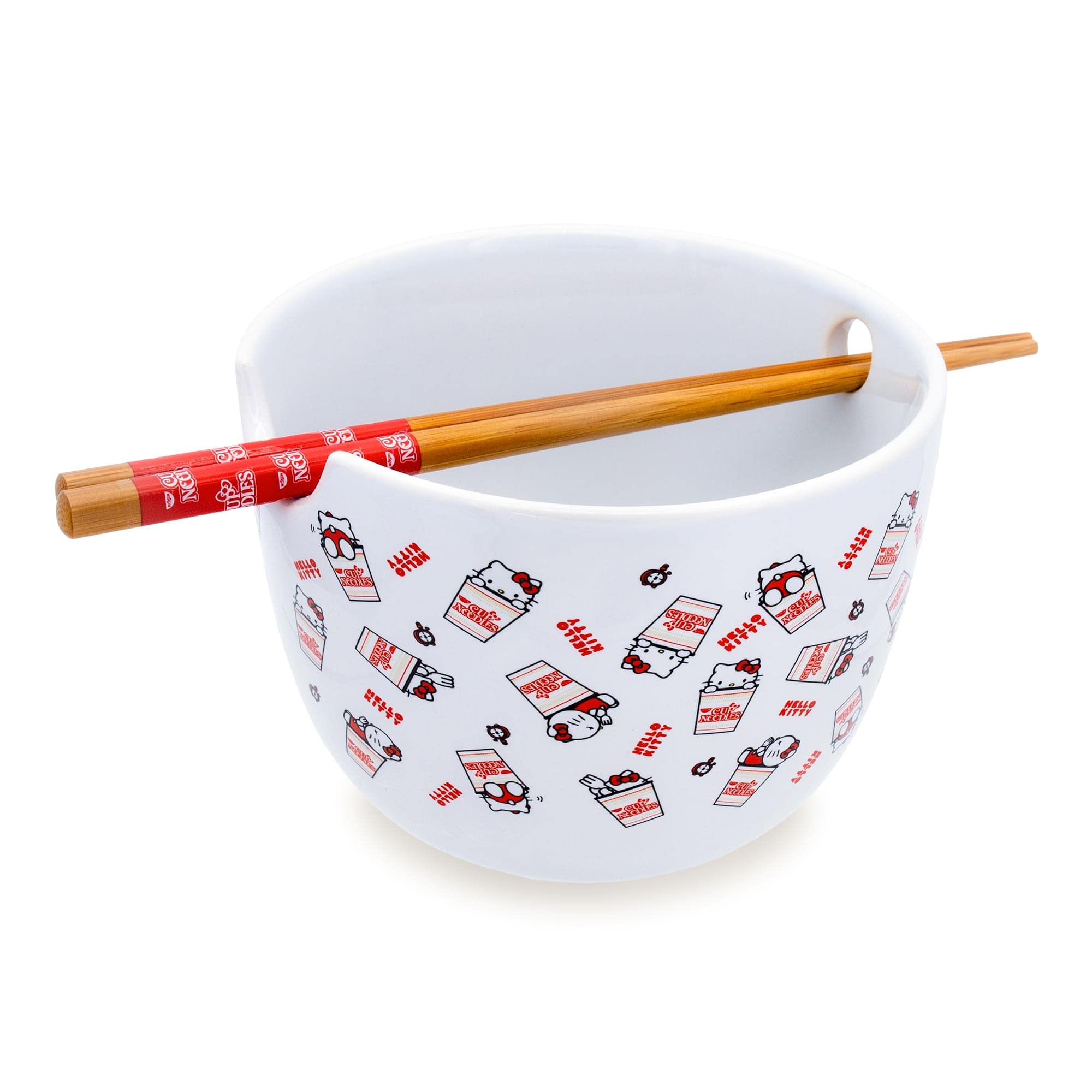 Toynk Sanrio Hello Kitty x Nissin Cup Noodles Ceramic Dinnerware Set | Includes 20-Ounce Ramen Noodle Bowl and Wooden Chopsticks