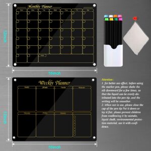 Magnetic Acrylic Calendar for Fridge 2 Pcs, Black Acrylic Magnetic Calendar for Fridge Dry Erase Board16 x12 Black Dry Erase Calendar for Fridge,Monthly & Weekly Magnetic Calendar for Fridge Set