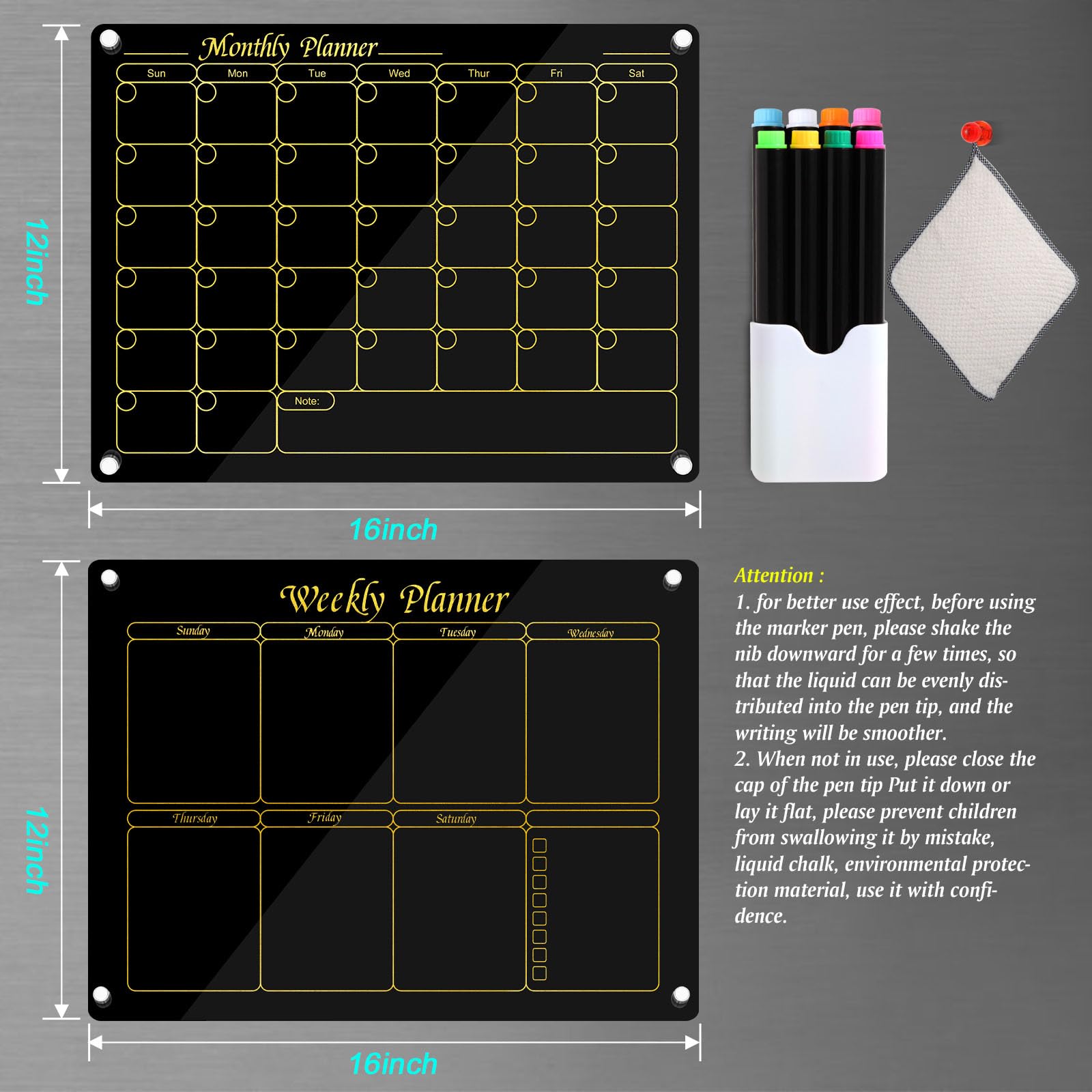 Magnetic Acrylic Calendar for Fridge 2 Pcs, Black Acrylic Magnetic Calendar for Fridge Dry Erase Board16 x12 Black Dry Erase Calendar for Fridge,Monthly & Weekly Magnetic Calendar for Fridge Set