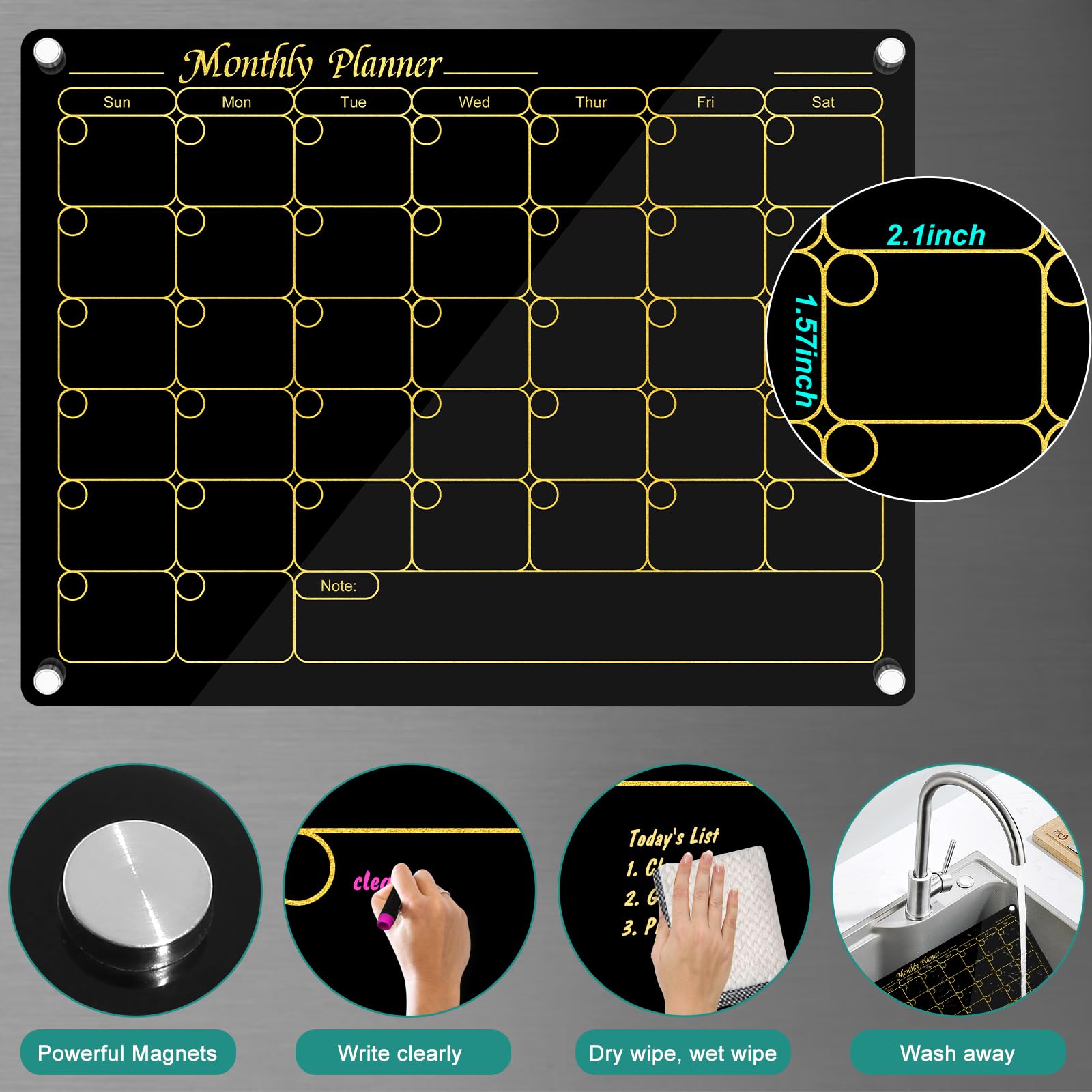 Magnetic Acrylic Calendar for Fridge 2 Pcs, Black Acrylic Magnetic Calendar for Fridge Dry Erase Board16 x12 Black Dry Erase Calendar for Fridge,Monthly & Weekly Magnetic Calendar for Fridge Set