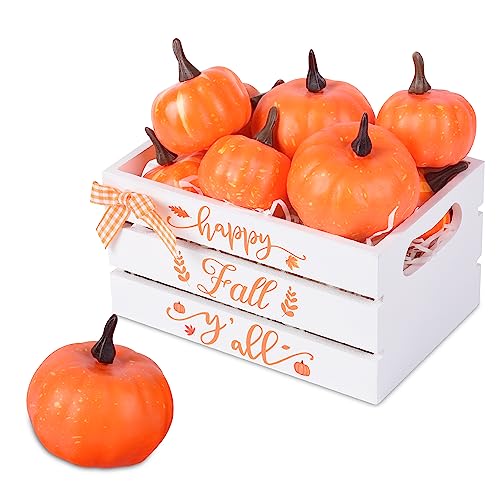 10 Pcs Thanksgiving Pumpkin Mini Wood Crate Set Happy Fall Y'all Table Centerpiece Artificial Pumpkins Fall Table Decor Harvest Tiered Tray Decorations for Thanksgiving Gift Kitchen Home Decor