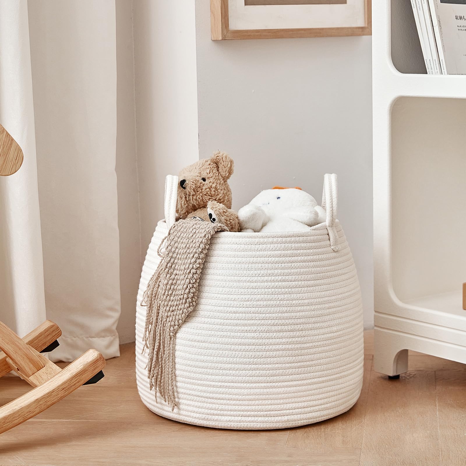 R RUNKA Nursery Laundry Basket | Kids Hamper for Blankets, Pillows,Toys (15"x 13")| Baby Toy Basket | Nursery Storage for Boho Room Decor | Ideal Gift for Baby Showers| White