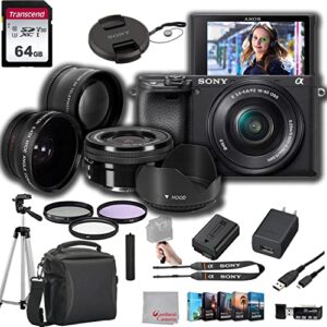 sony a6400 mirrorless camera with 16-50mm lens 64gb memory.43 wide angle & 2x lenses, case. tripod, filters, hood, grip, & professional video & photo editing software kit