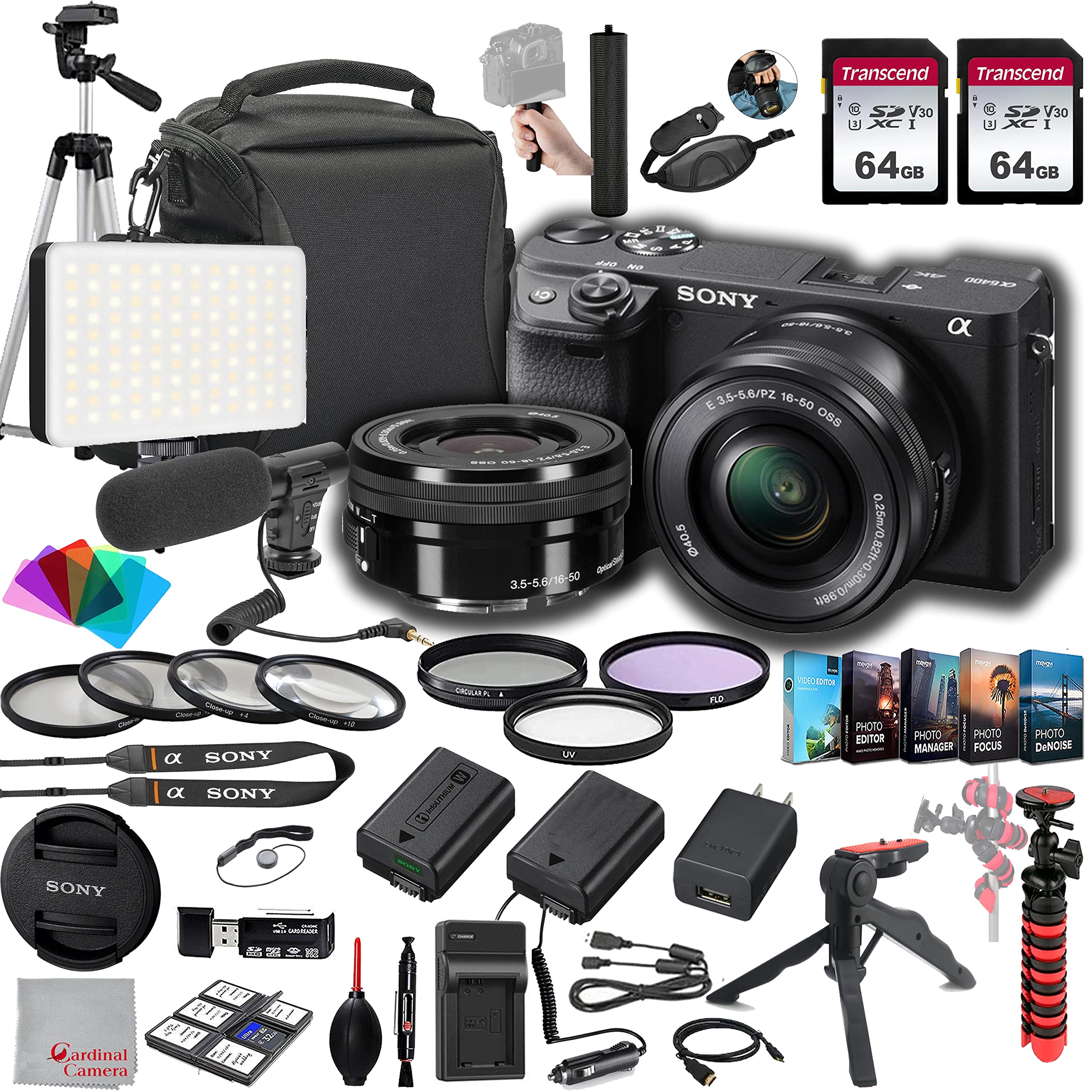 Sony a6400 Mirrorless Camera with 16-50mm Lens, 128GB Memory,Microphone, 120LED Video Light, Tripod, Filters, Hood, Grip,Spare Battery & Charger, Video & Photo Editing Software Kit -Deluxe Bundle