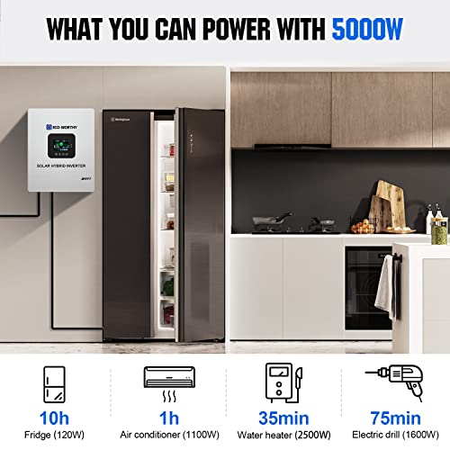 ECO-WORTHY 5000W Solar Hybrid Inverter Charger, Multiple Parallel Convert 48V DC to 120V-240V AC, Built in 80A MPPT Charge Controller, Work with Lead Acid/LiFePO4(Parallel+Batteryless+Grid Feedback)