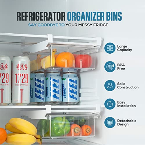 cutesun Fridge Organizer bins，Refrigerator Organizer Bins,Anti-Fall Kitchen Drawer organizer with Handle, Freely Pullable Refrigerator Storage Box