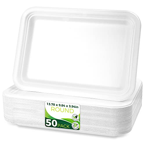 BIRCHIO 50Pack 14" Heavy Duty Disposable Rectangle Food Trays, Compostable Extra Large Paper Platter Plates Serving Crawfish, Lobster, Crab for Party, BBQ, Crawfish Boil Accessories