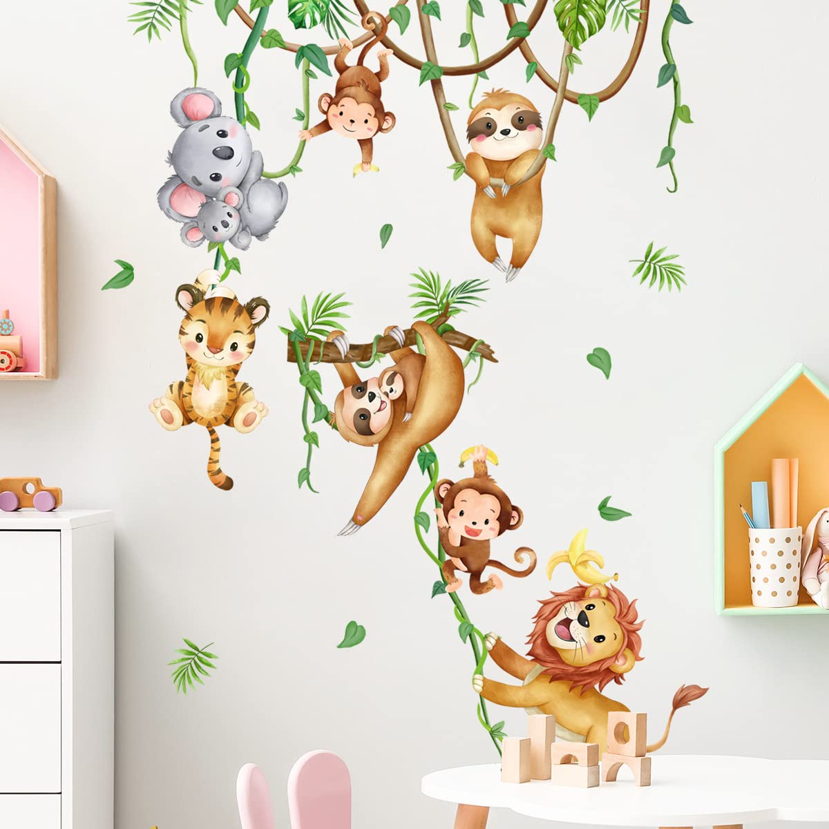 Runtoo Jungle Animal Wall Decals Monkey Koala Lion Wall Art Stickers for Nursery Kids Bedroom Home Decor