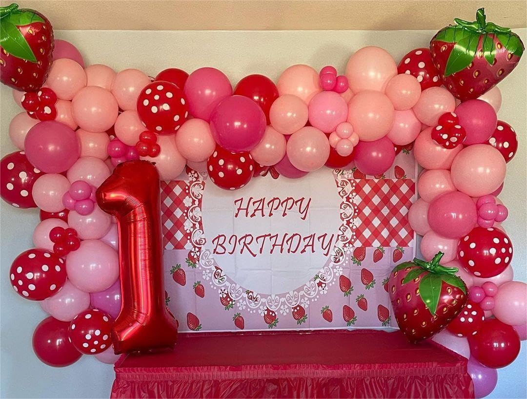 JOGAMS Strawberry Balloon Arch Kit, Strawberry Party Decorations with Red Polka Dot Strawberry Balloons for Strawberry/Berry First/Sweet One Themed Baby Shower Birthday Party Supplies for Girl