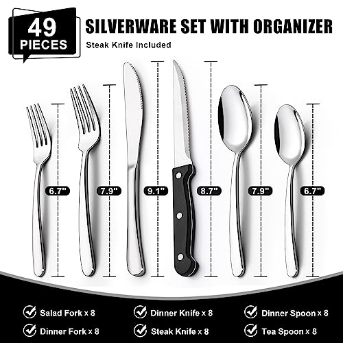 49-Piece Silverware Set with Organizer, Heavy Duty Stainless Steel Flatware for 8, Cutlery Utensil Sets with Steak Knives, Rust-proof, Mirror Polished, Dishwasher Safe