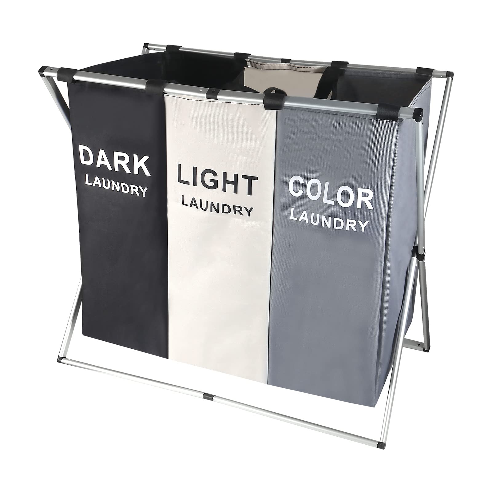 132L Laundry Cloth Hamper Sorter Basket Bag Bin Foldable 3 Sections with Aluminum Frame 25'' × 14'' x 22'' Washing Storage Dirty Clothes Bag for Bathroom Bedroom Home (White+Grey+Black)