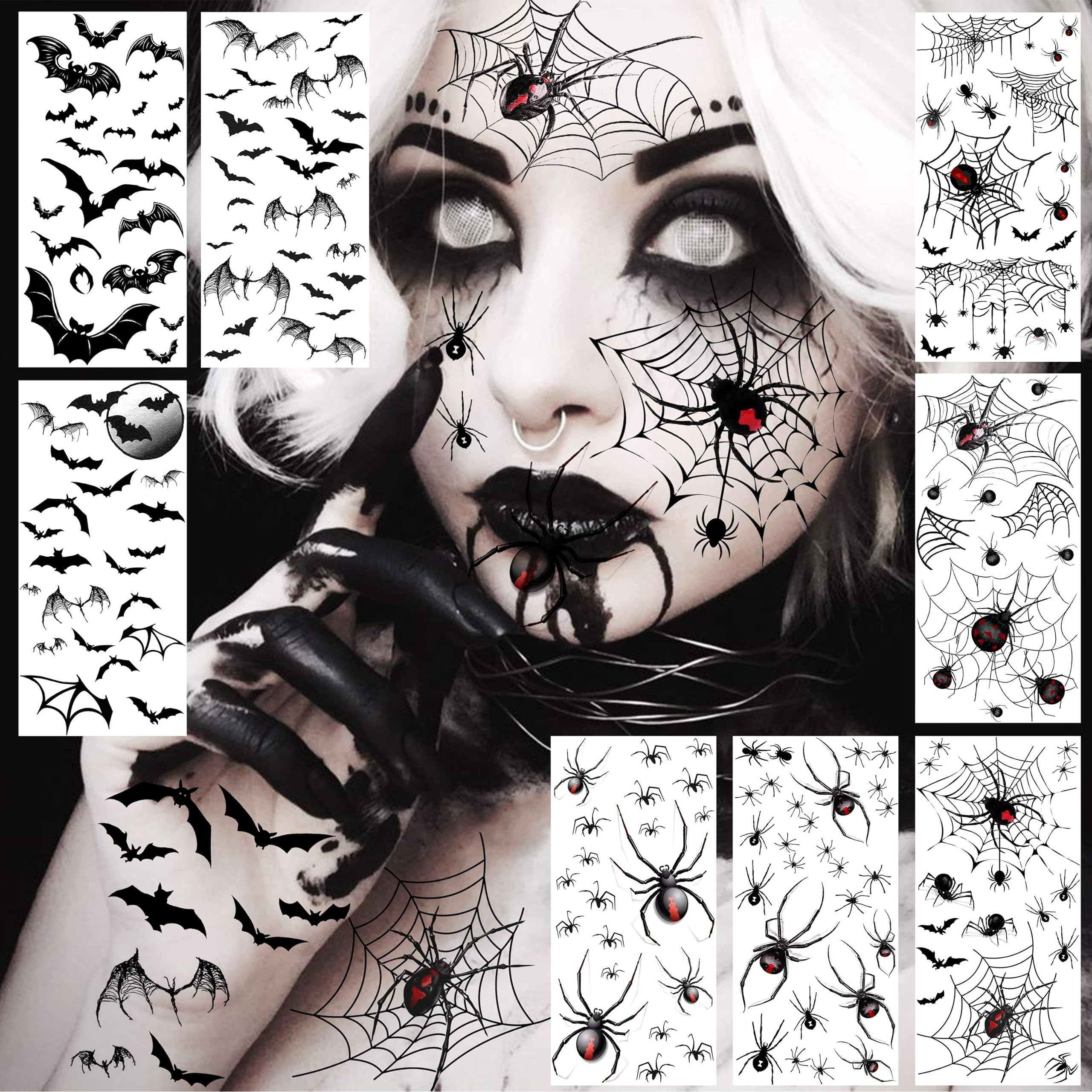 VANTATY 9 Sheets Halloween Spider Web Face Tattoo Stickers, Bat Half Arm Temporary Tattoo Sleeve For Women Men Adults Kids, Scary Spiderweb Witch Makeup for Halloween Face Tattoo, Fake Chucky Zombie Makeup Kit