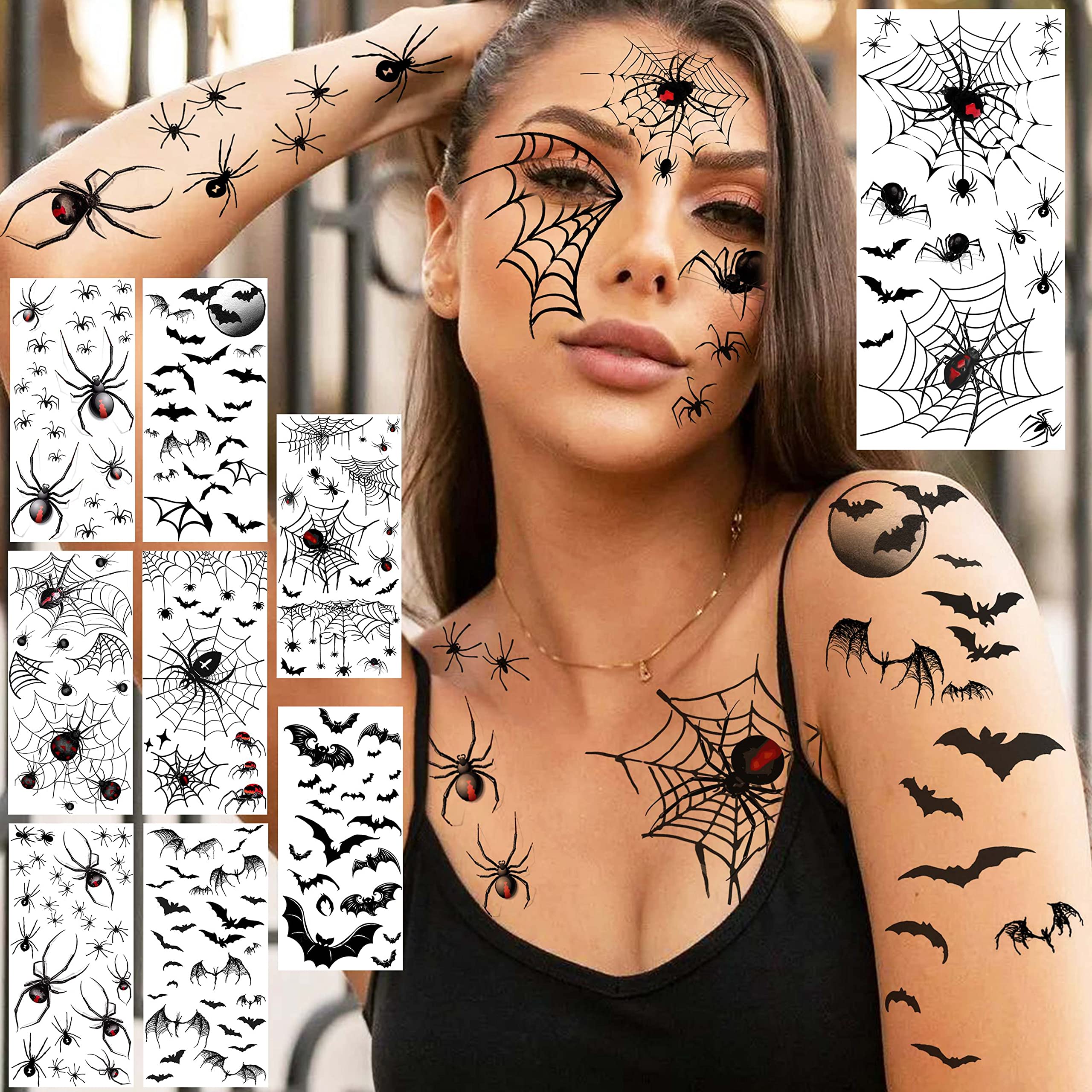 VANTATY 9 Sheets Halloween Spider Web Face Tattoo Stickers, Bat Half Arm Temporary Tattoo Sleeve For Women Men Adults Kids, Scary Spiderweb Witch Makeup for Halloween Face Tattoo, Fake Chucky Zombie Makeup Kit