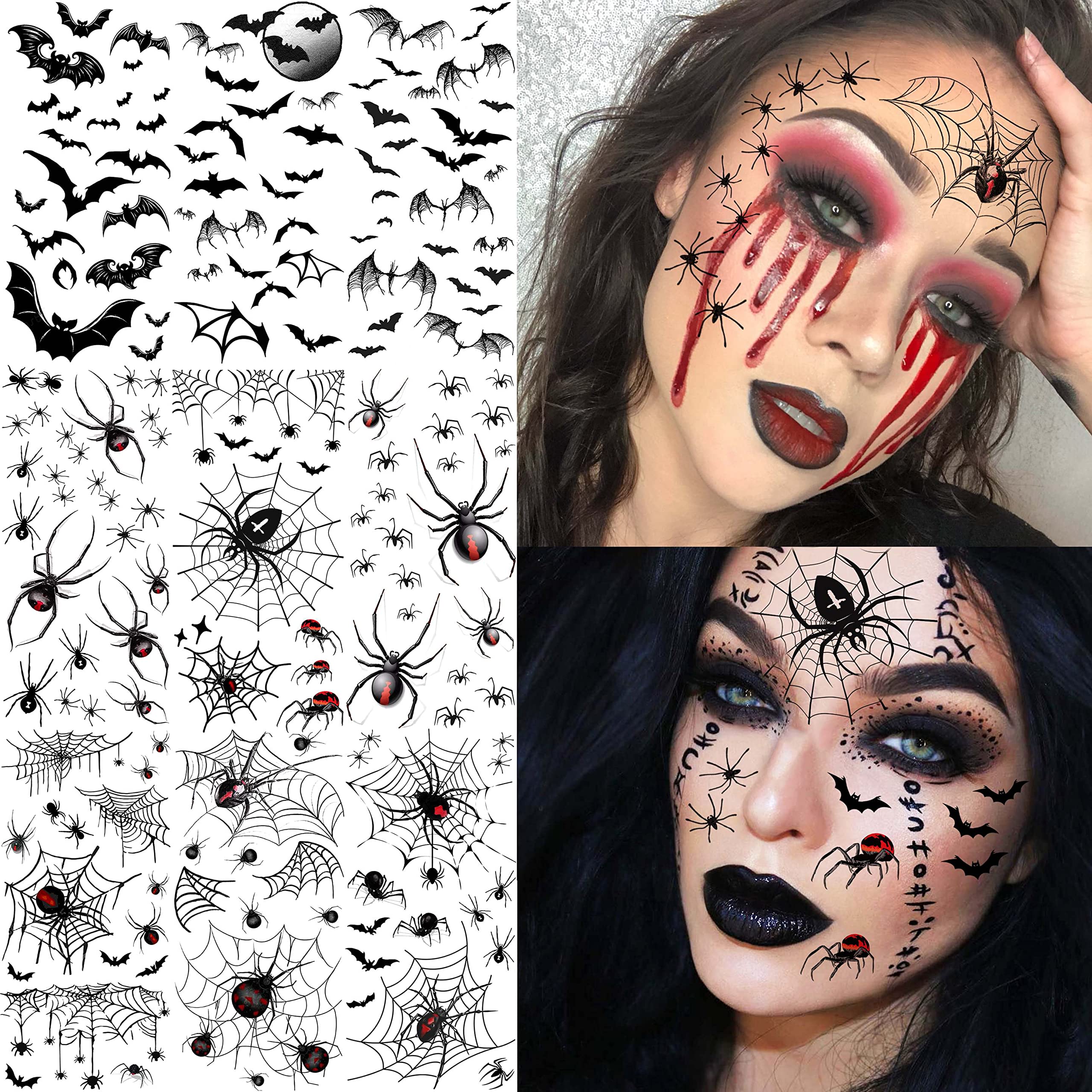 VANTATY 9 Sheets Halloween Spider Web Face Tattoo Stickers, Bat Half Arm Temporary Tattoo Sleeve For Women Men Adults Kids, Scary Spiderweb Witch Makeup for Halloween Face Tattoo, Fake Chucky Zombie Makeup Kit