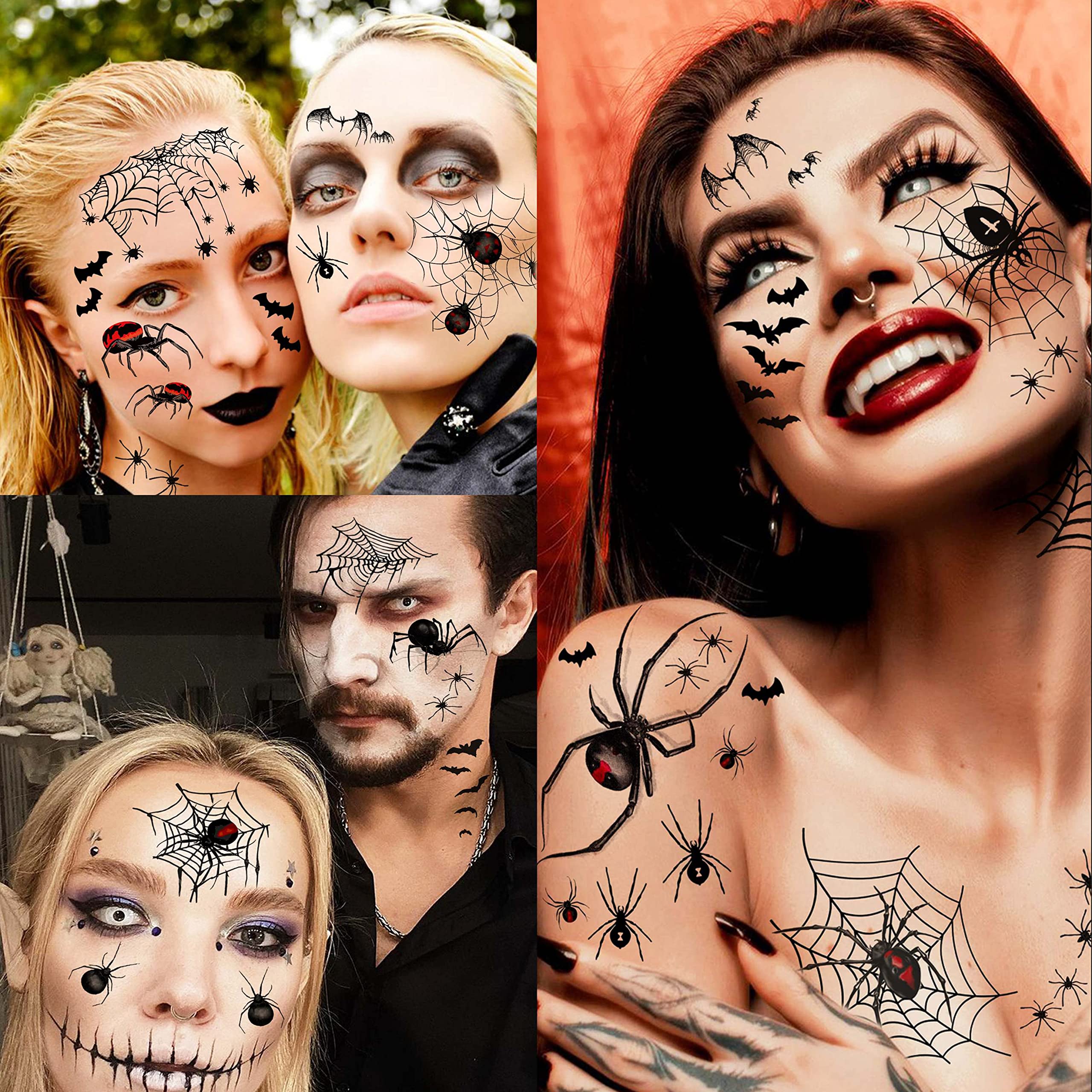 VANTATY 9 Sheets Halloween Spider Web Face Tattoo Stickers, Bat Half Arm Temporary Tattoo Sleeve For Women Men Adults Kids, Scary Spiderweb Witch Makeup for Halloween Face Tattoo, Fake Chucky Zombie Makeup Kit