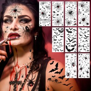 VANTATY 9 Sheets Halloween Spider Web Face Tattoo Stickers, Bat Half Arm Temporary Tattoo Sleeve For Women Men Adults Kids, Scary Spiderweb Witch Makeup for Halloween Face Tattoo, Fake Chucky Zombie Makeup Kit