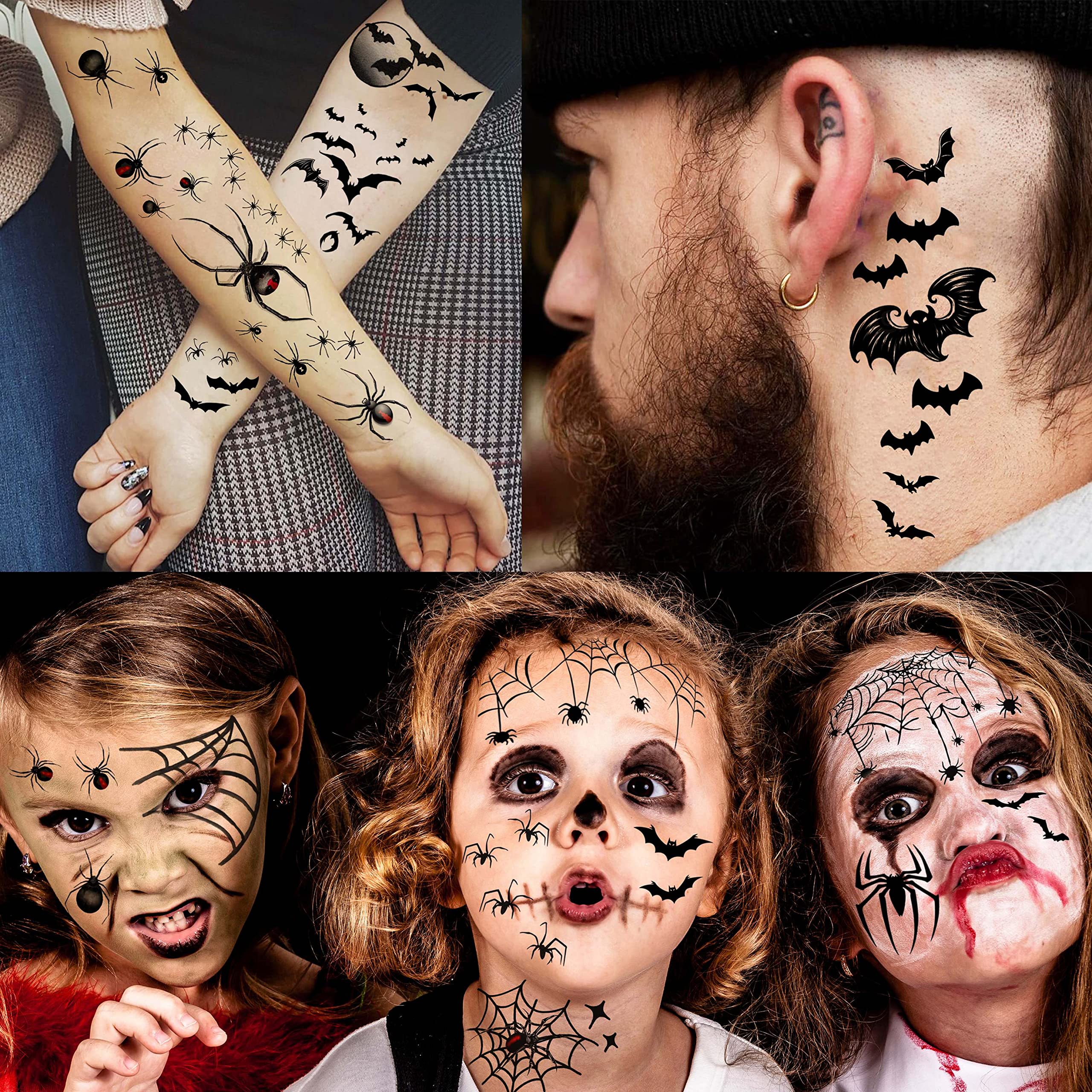 VANTATY 9 Sheets Halloween Spider Web Face Tattoo Stickers, Bat Half Arm Temporary Tattoo Sleeve For Women Men Adults Kids, Scary Spiderweb Witch Makeup for Halloween Face Tattoo, Fake Chucky Zombie Makeup Kit