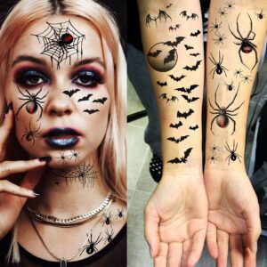 VANTATY 9 Sheets Halloween Spider Web Face Tattoo Stickers, Bat Half Arm Temporary Tattoo Sleeve For Women Men Adults Kids, Scary Spiderweb Witch Makeup for Halloween Face Tattoo, Fake Chucky Zombie Makeup Kit