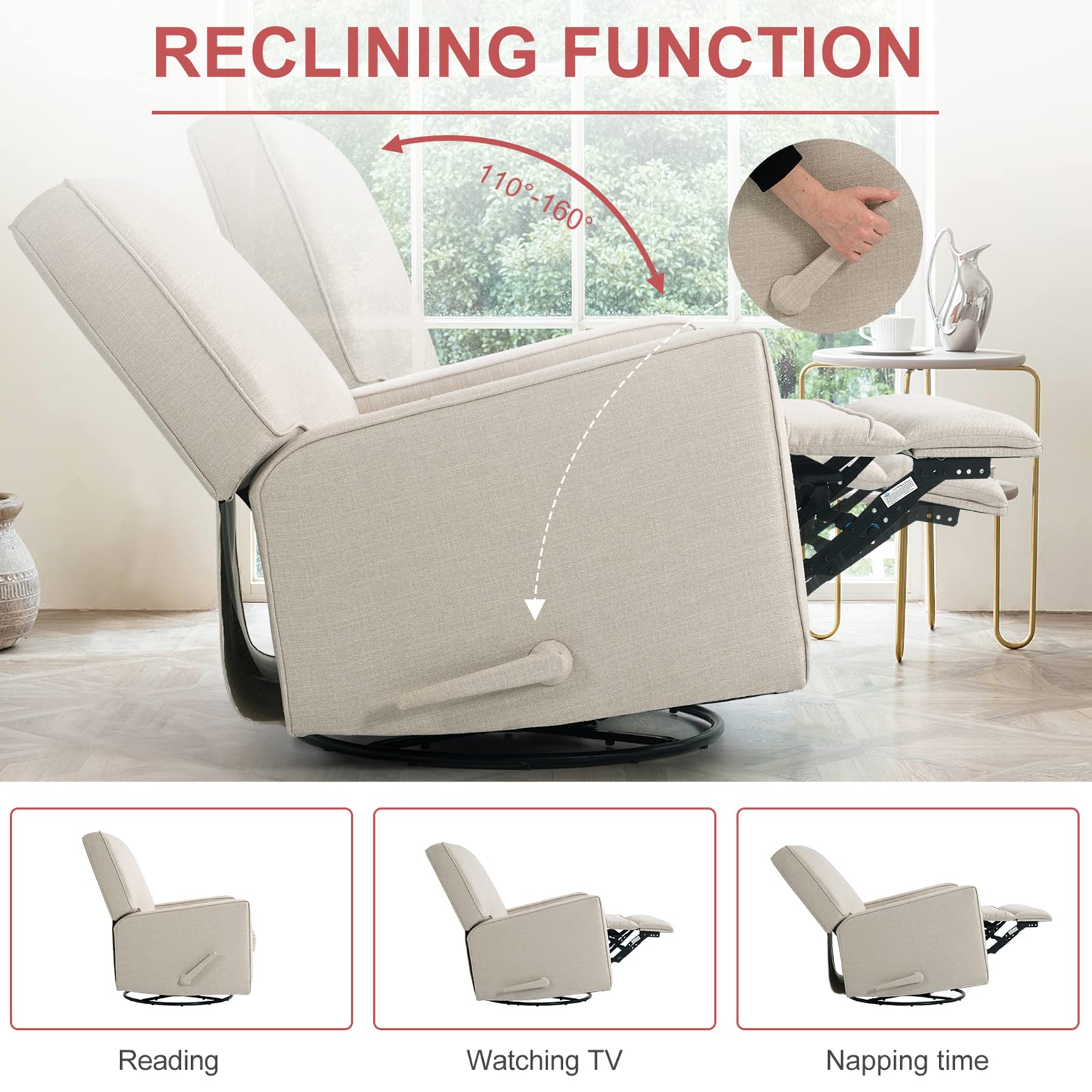 EASELAND Swivel Rocker Recliner Chairs,Large Nursery Glider Chair with Manual Puller,360°Rotation Reclining Glider Chair with Linien Fabric,Modern Lounge Nursery Chair for Living Room(Beige)