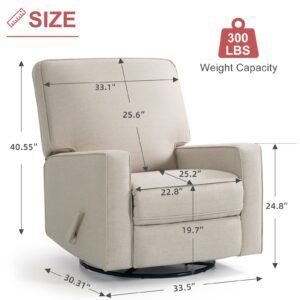 EASELAND Swivel Rocker Recliner Chairs,Large Nursery Glider Chair with Manual Puller,360°Rotation Reclining Glider Chair with Linien Fabric,Modern Lounge Nursery Chair for Living Room(Beige)