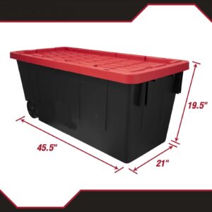 OHRONG 50 Gallon Snap Lid Wheeled Plastic Storage Tote, Black Base/Red Lid, Set of 2