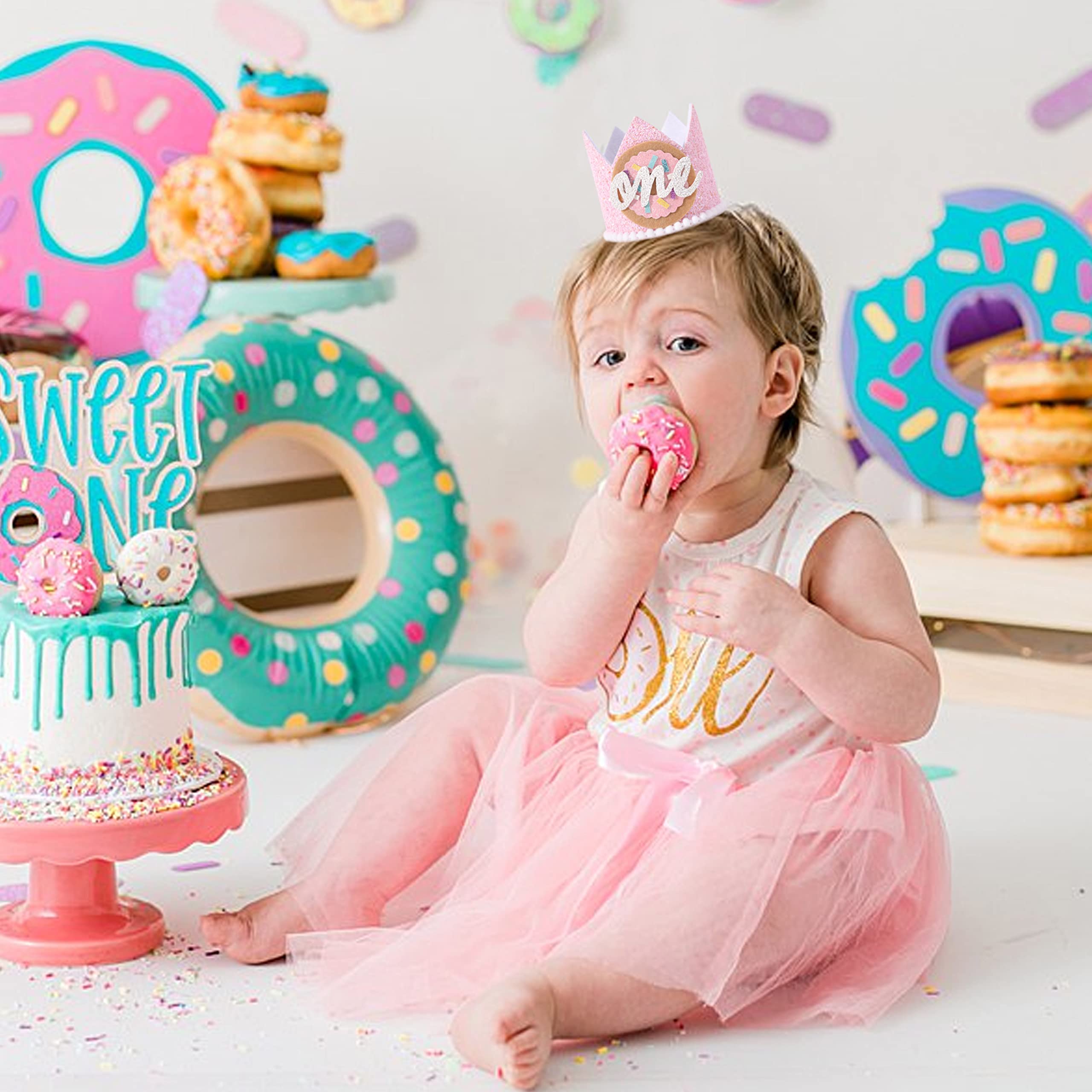 Rpvod 1st Birthday for Donut Baby Hat - Donut One Birthday Crown for Decoration,First Birthday Headpiece for Baby Girl,Best Party Supplies for Kids,Photo Booth Props Baby Showers