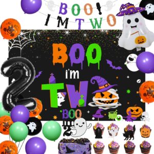 kreat4joy boo im two decor birthday backdrop banner, halloween 2nd birthday party decorations, black orange purple green halloween balloons cake cupcake toppers 2 year old boys girls birthday party