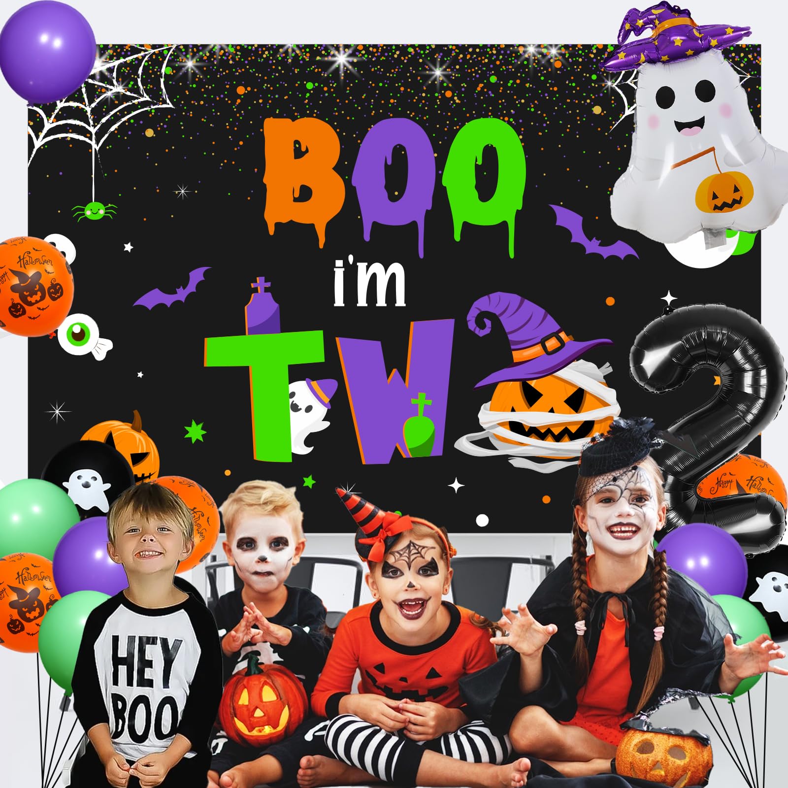 kreat4joy Boo Im Two Decor Birthday Backdrop Banner, Halloween 2nd Birthday Party Decorations, Black Orange Purple Green Halloween Balloons Cake Cupcake Toppers 2 Year Old Boys Girls Birthday Party