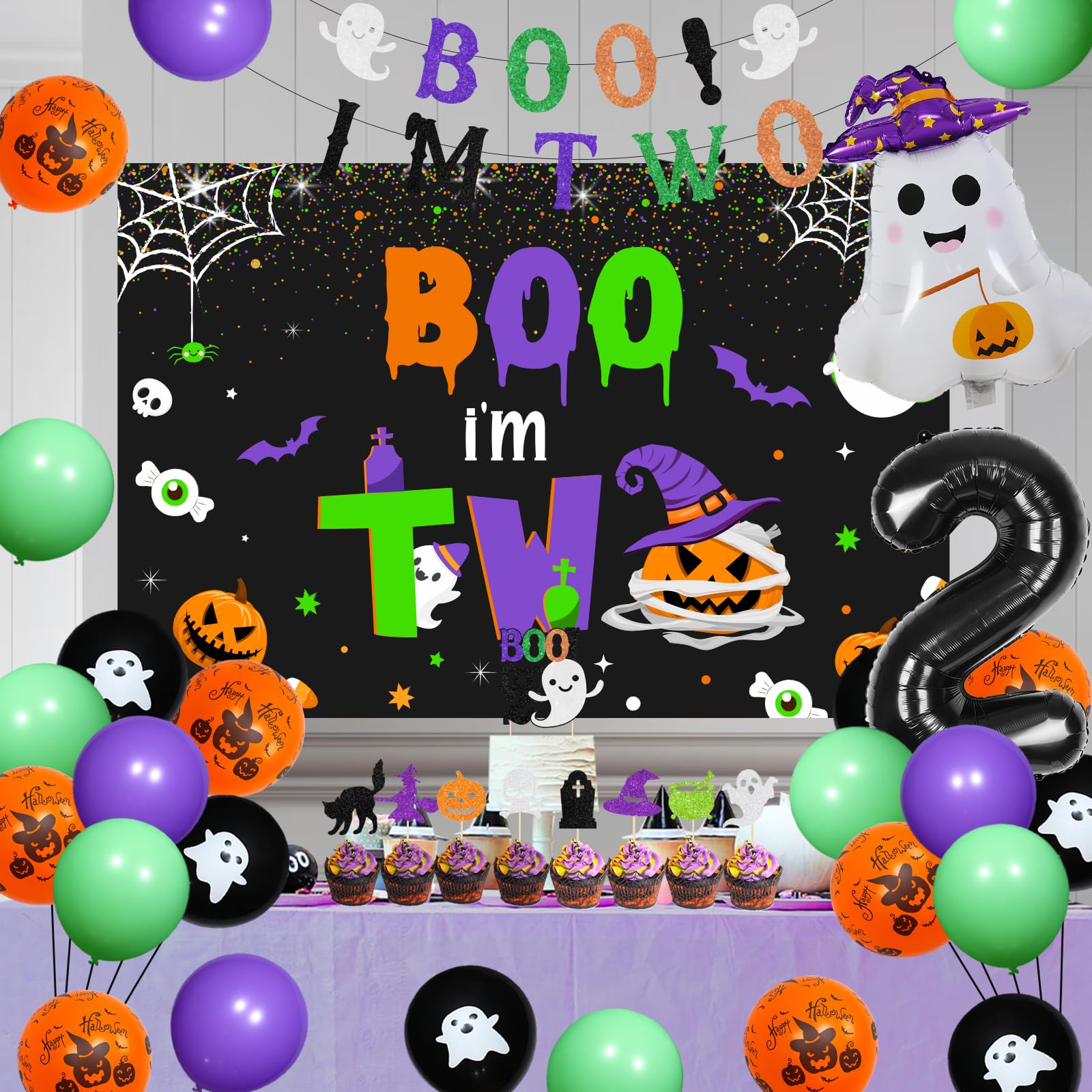 kreat4joy Boo Im Two Decor Birthday Backdrop Banner, Halloween 2nd Birthday Party Decorations, Black Orange Purple Green Halloween Balloons Cake Cupcake Toppers 2 Year Old Boys Girls Birthday Party