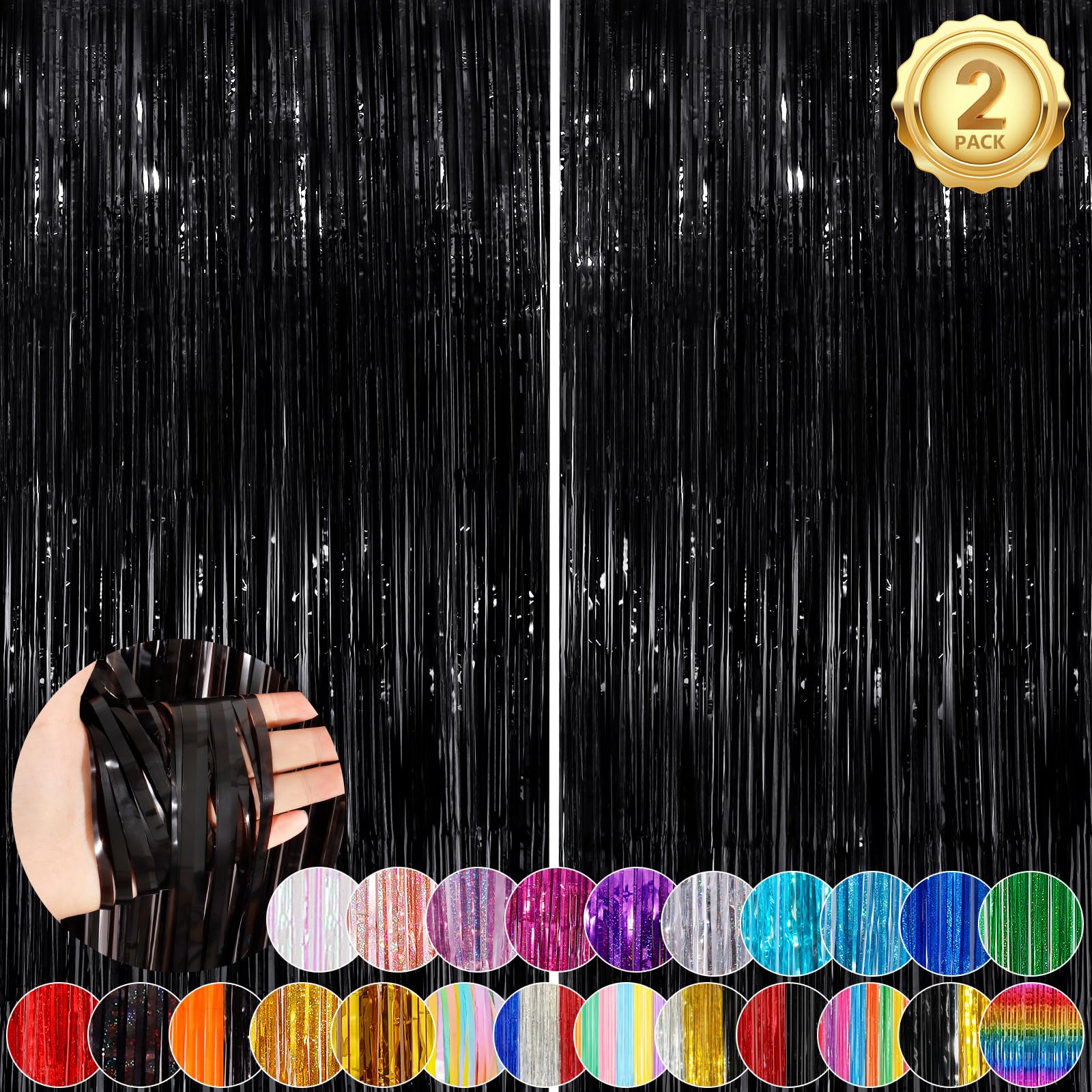 Black Fringe Curtain Party Streamers 2Pack 3.3x8.3 Ft Foil Fringe Backdrop Curtains for Birthday Wedding Bridal Baby Shower Holiday Tinsel Streamers Black Party Decorations Door Streamers