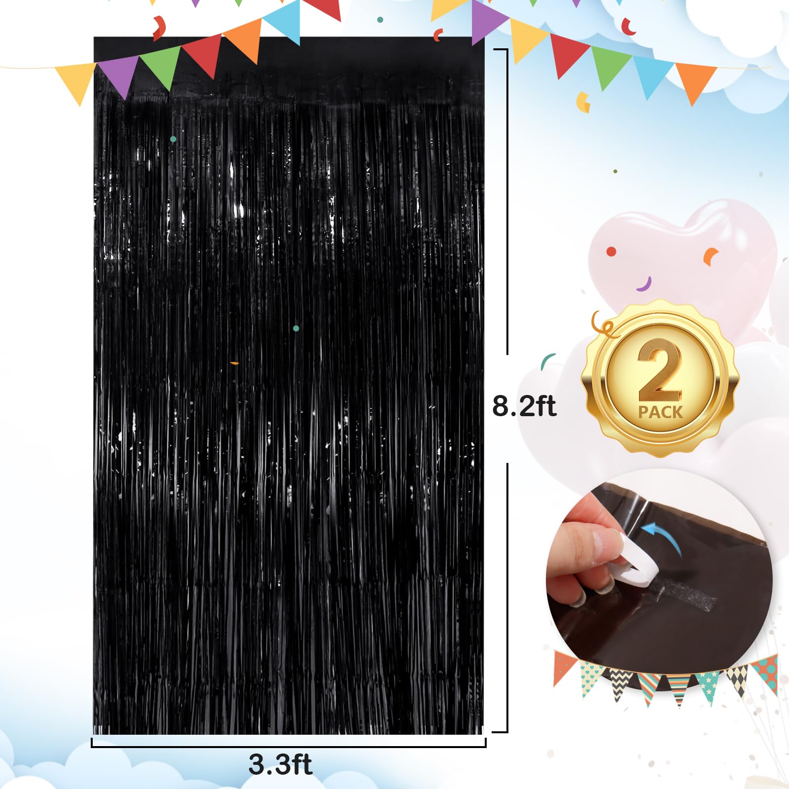 Black Fringe Curtain Party Streamers 2Pack 3.3x8.3 Ft Foil Fringe Backdrop Curtains for Birthday Wedding Bridal Baby Shower Holiday Tinsel Streamers Black Party Decorations Door Streamers