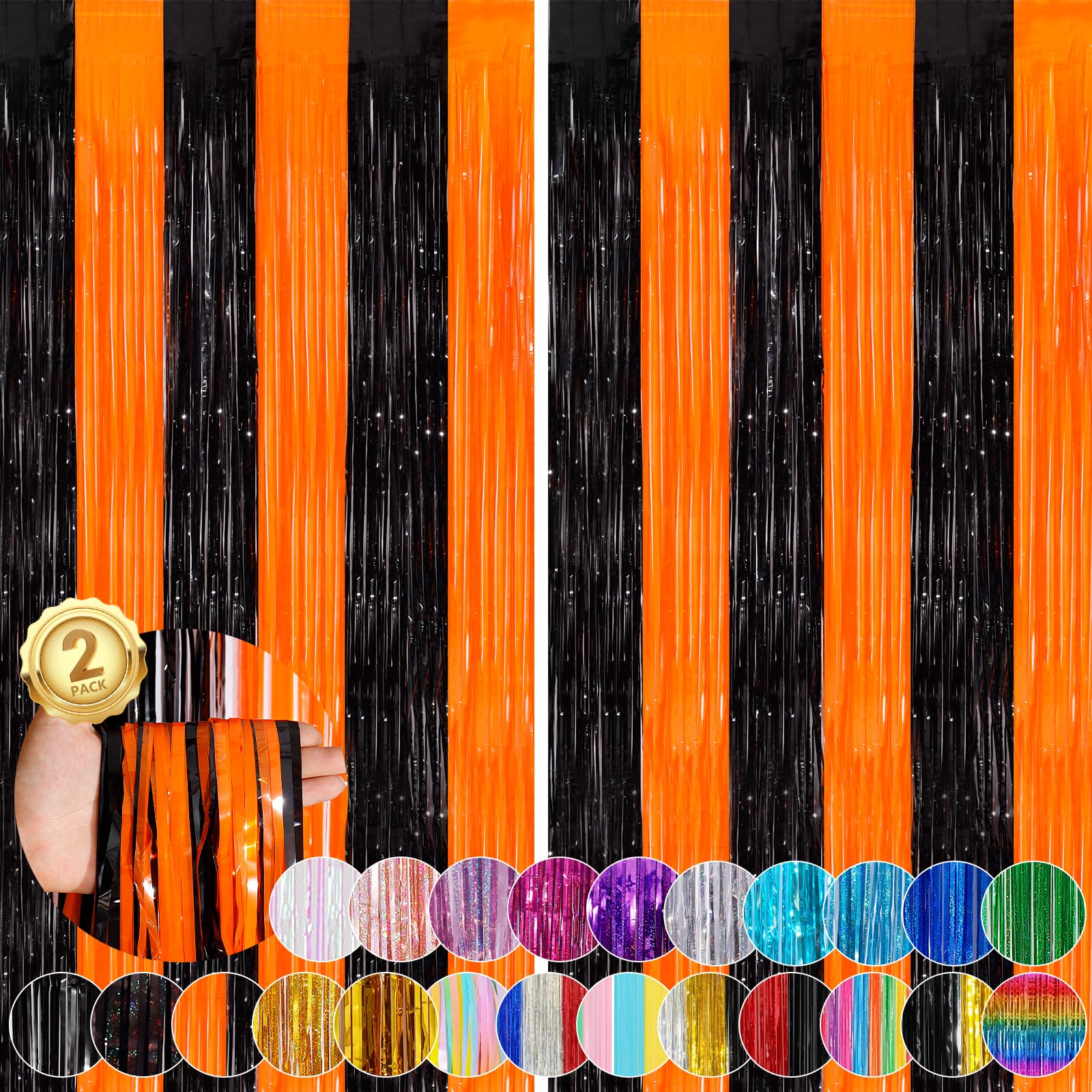 Black Orange Streamers Foil Fringe Curtain 3.3 x 8.3ft Party Streamers 2Pack Metallic Streamer Curtains Mermaid Birthday Themed Party Decorations Tinsel Curtain for Parties Streamers Halloween Decor