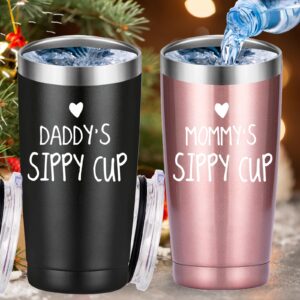 Daddy's and Mommy's Sippy Cup Travel Mug Tumbler.Couple Gifts.Fathers Mothers Day Anniversary Birthday Christmas Gifts for Mom Dad.Dad Mom Parents Gifts from Daughter Son.(20oz Black&Rose Gold)