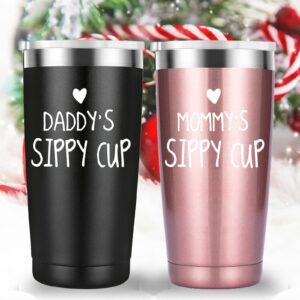 Daddy's and Mommy's Sippy Cup Travel Mug Tumbler.Couple Gifts.Fathers Mothers Day Anniversary Birthday Christmas Gifts for Mom Dad.Dad Mom Parents Gifts from Daughter Son.(20oz Black&Rose Gold)