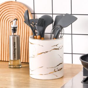 Howise Utensil Holder, Large Kitchen Utensil Holder Organizer for Kitchen Counter, Golden Marble White Stable Utensil Crock Spatula Holder for Countertop Farmhouse Cooking Tools Holder