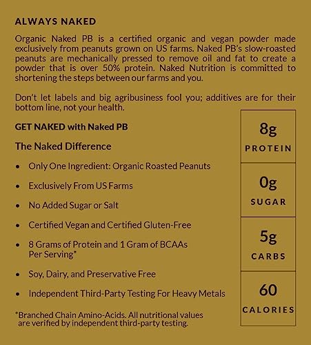 Organic Powdered Peanut Butter from US Farms – Bulk, Only 1 Ingredient - Roasted Peanuts, Vegan, No Additives, Preservative Free, No Salt, No Sugar - 45 Servings - NAKED PB