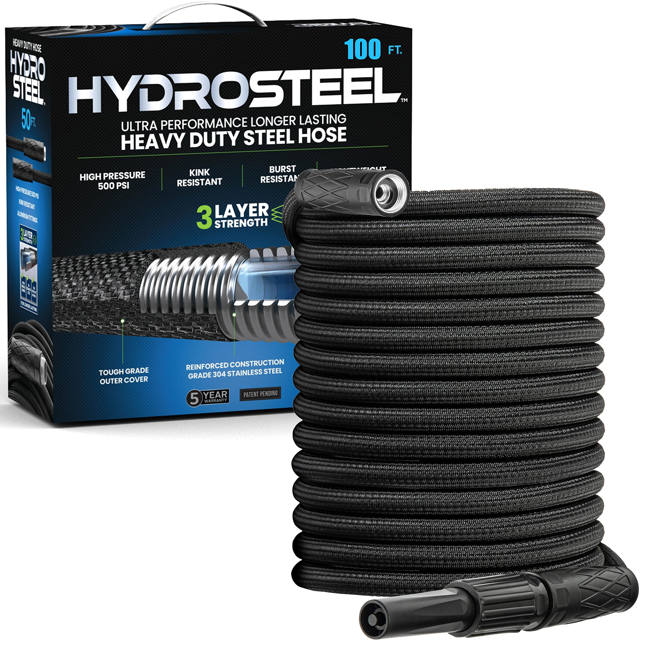 HYDROSTEEL 3-Layer 100 Ft Garden Hose with Nozzle, Metal Water Hose 100Ft, Heavy Duty Stainless Steel Flexible Garden Hose 100 Ft, Lightweight, Easy to Coil, Kink Resistant, 500 PSI AS SEEN ON TV