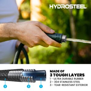 HYDROSTEEL 3-Layer 100 Ft Garden Hose with Nozzle, Metal Water Hose 100Ft, Heavy Duty Stainless Steel Flexible Garden Hose 100 Ft, Lightweight, Easy to Coil, Kink Resistant, 500 PSI AS SEEN ON TV