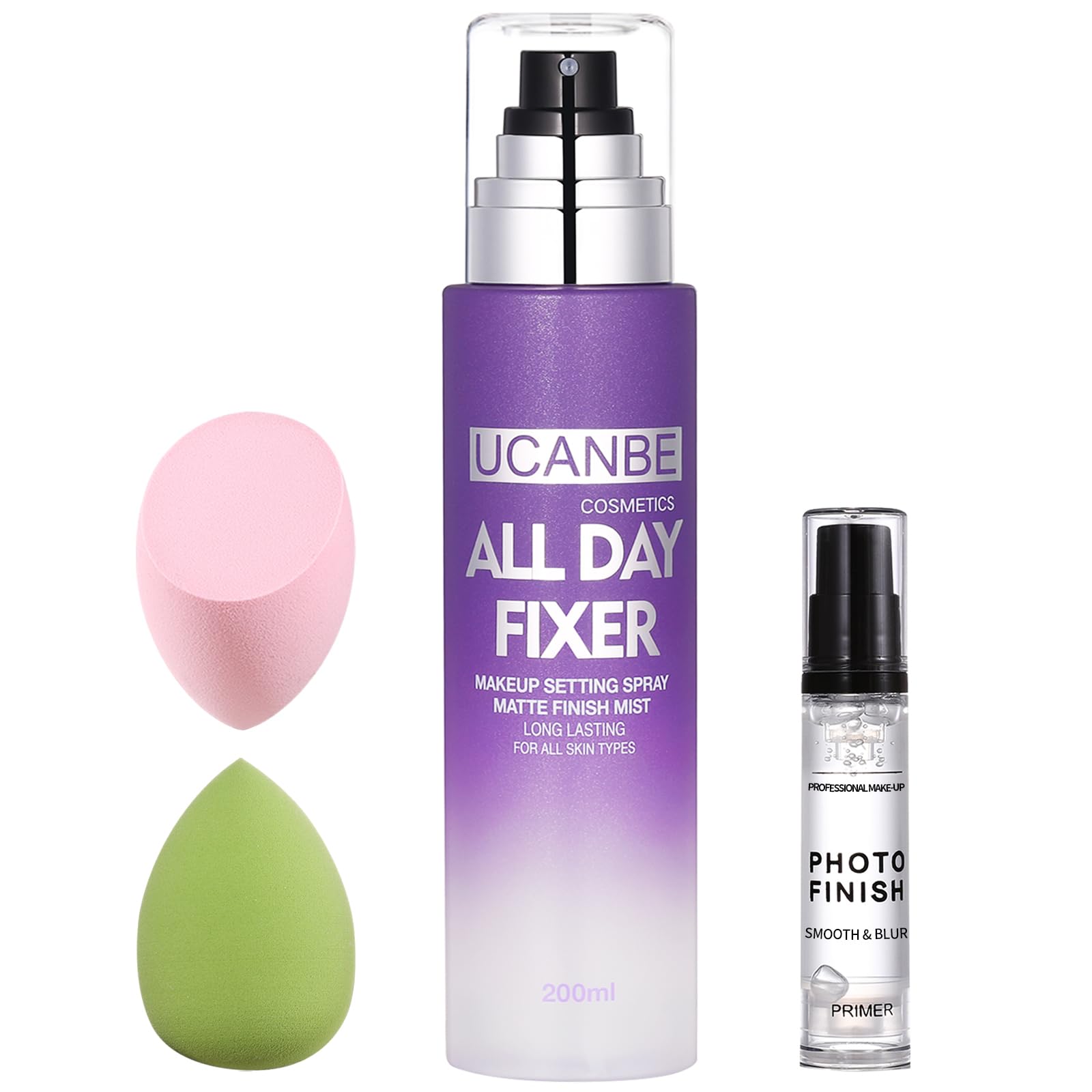 UCANBE Makeup Setting Spray + Face Primer + Make Up Sponge, Gel-Based Hydrating Primer, Lightweight, Long Lasting Matte Finishing Spray,Beauty Blender Set