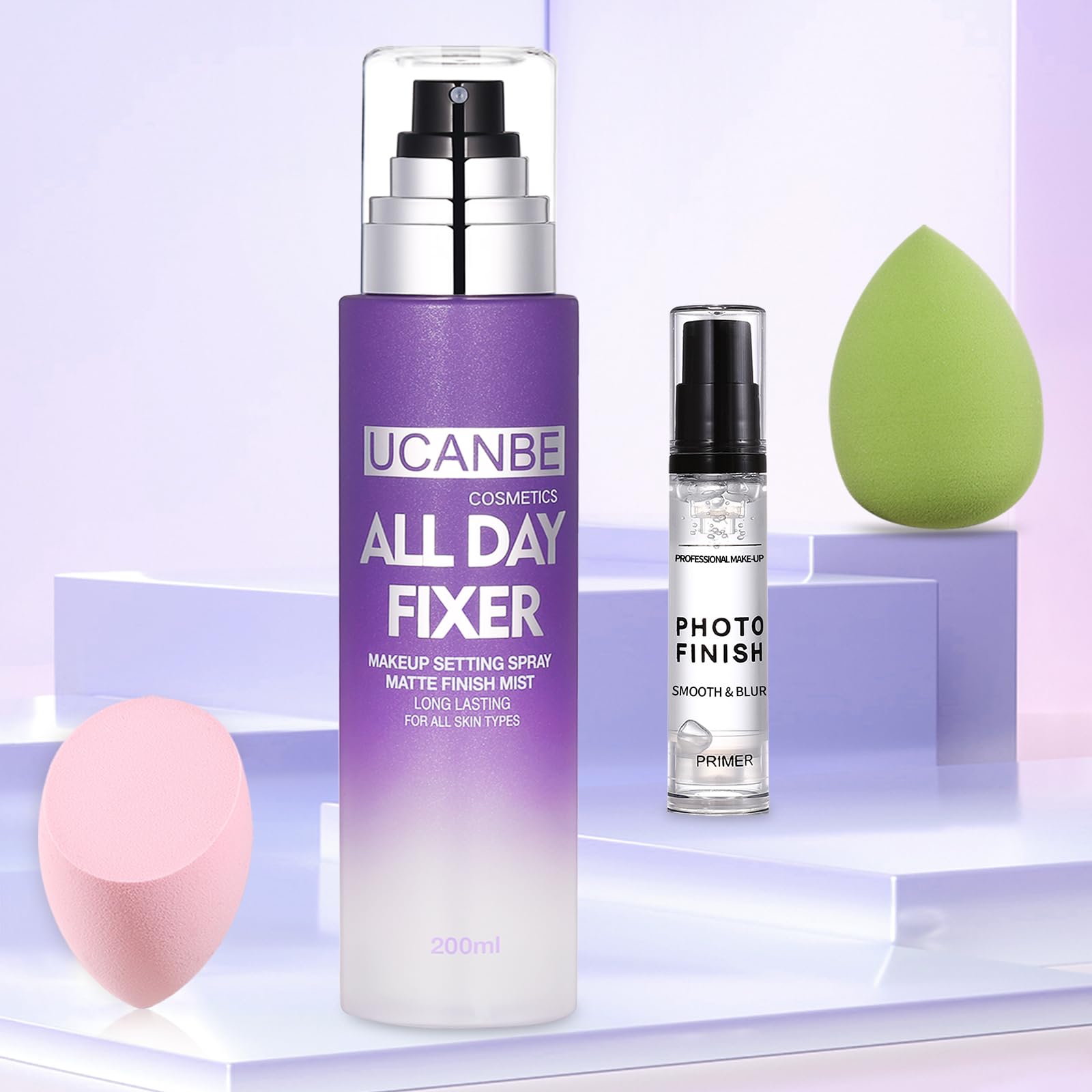 UCANBE Makeup Setting Spray + Face Primer + Make Up Sponge, Gel-Based Hydrating Primer, Lightweight, Long Lasting Matte Finishing Spray,Beauty Blender Set