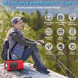 【2024 Newest】 NOAA Emergency Weather Radio, 4000mAh Weather Alert Radio Solar Charging, Hand Crank & USB Charged, AM/FM Radio with LED Flashlight, Reading Lamp, SOS Alarm, Headphone Jack for Outdoor